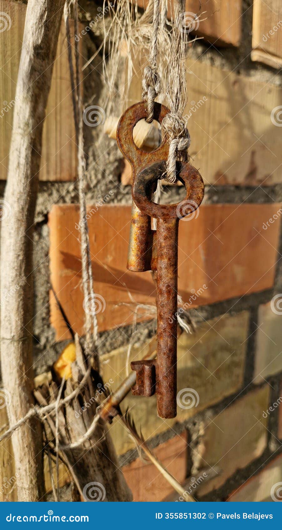 Rusty Keys Hanging on Brick Wall Stock Photo - Image of outdoors ...