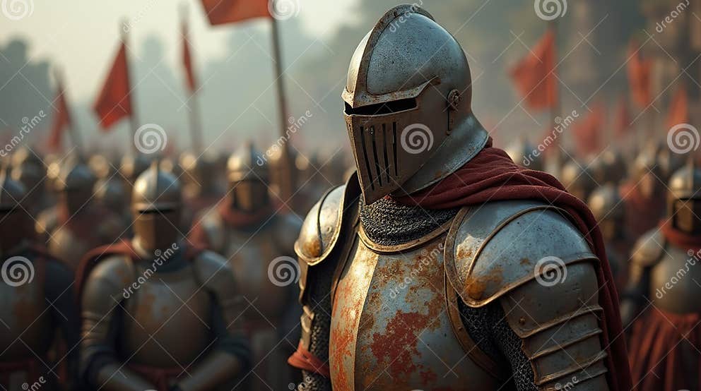 Rusty Knight in Armor Leading a Crowd in Medieval Setting Stock ...