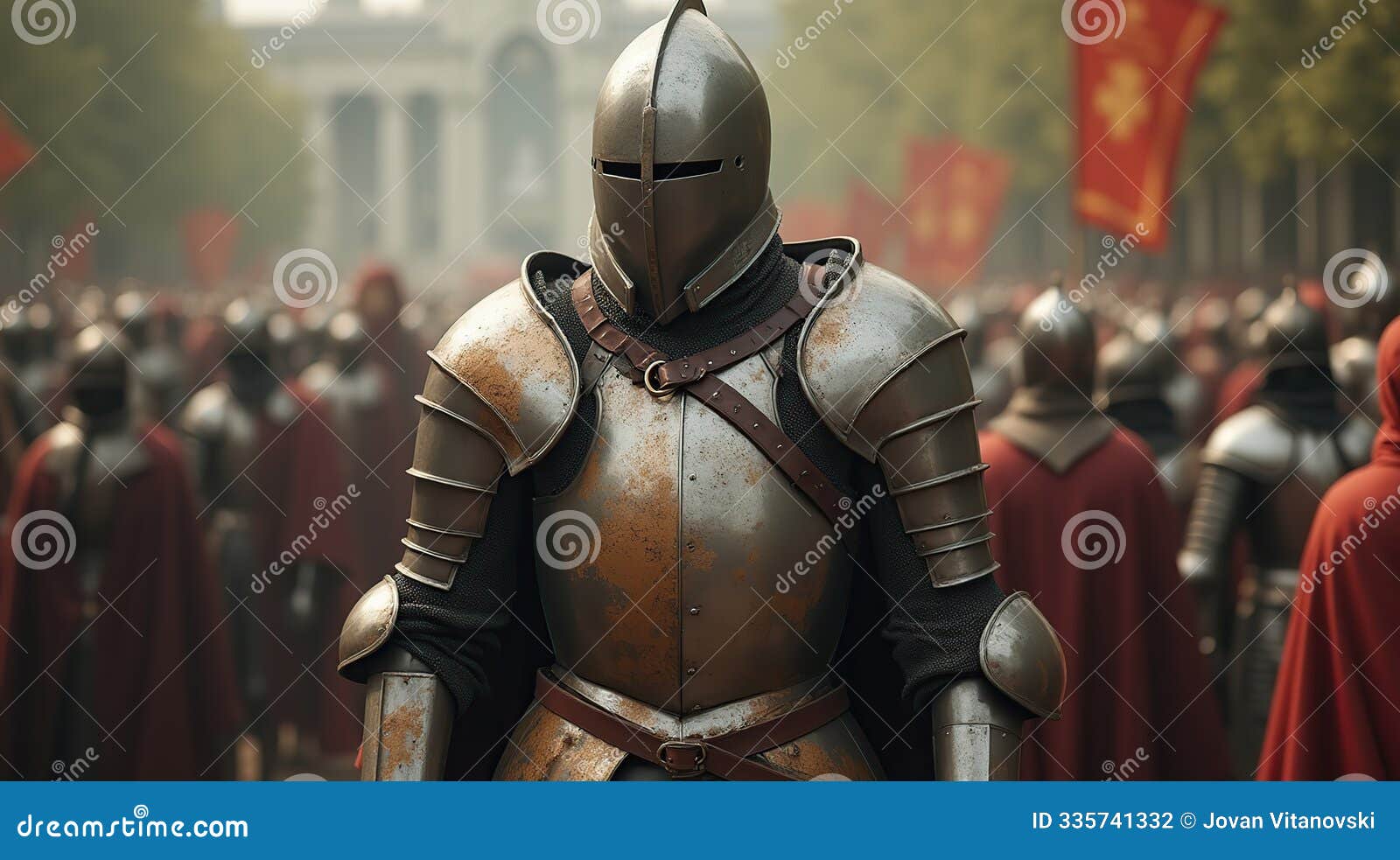 Rusty Knight in Broken Armor Stands before a Crowd of Soldiers Stock ...