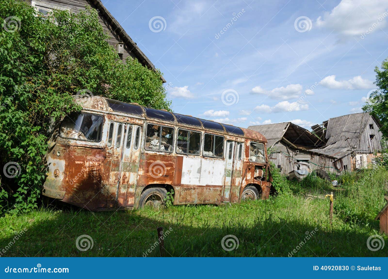 Rusty Lonely Broken Bus in Country Green Field Stock Photo - Image of ...