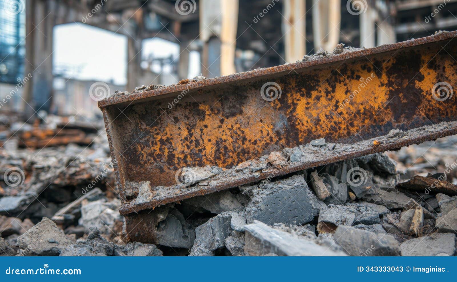 Rusty Metal Beam Resting on Concrete Rubble in a Destroyed Building ...