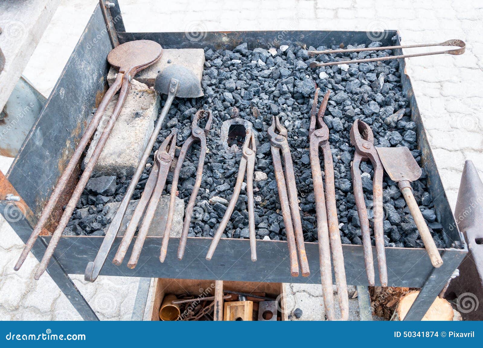 Rusty metal tools at forge stock photo. Image of hammer - 50341874
