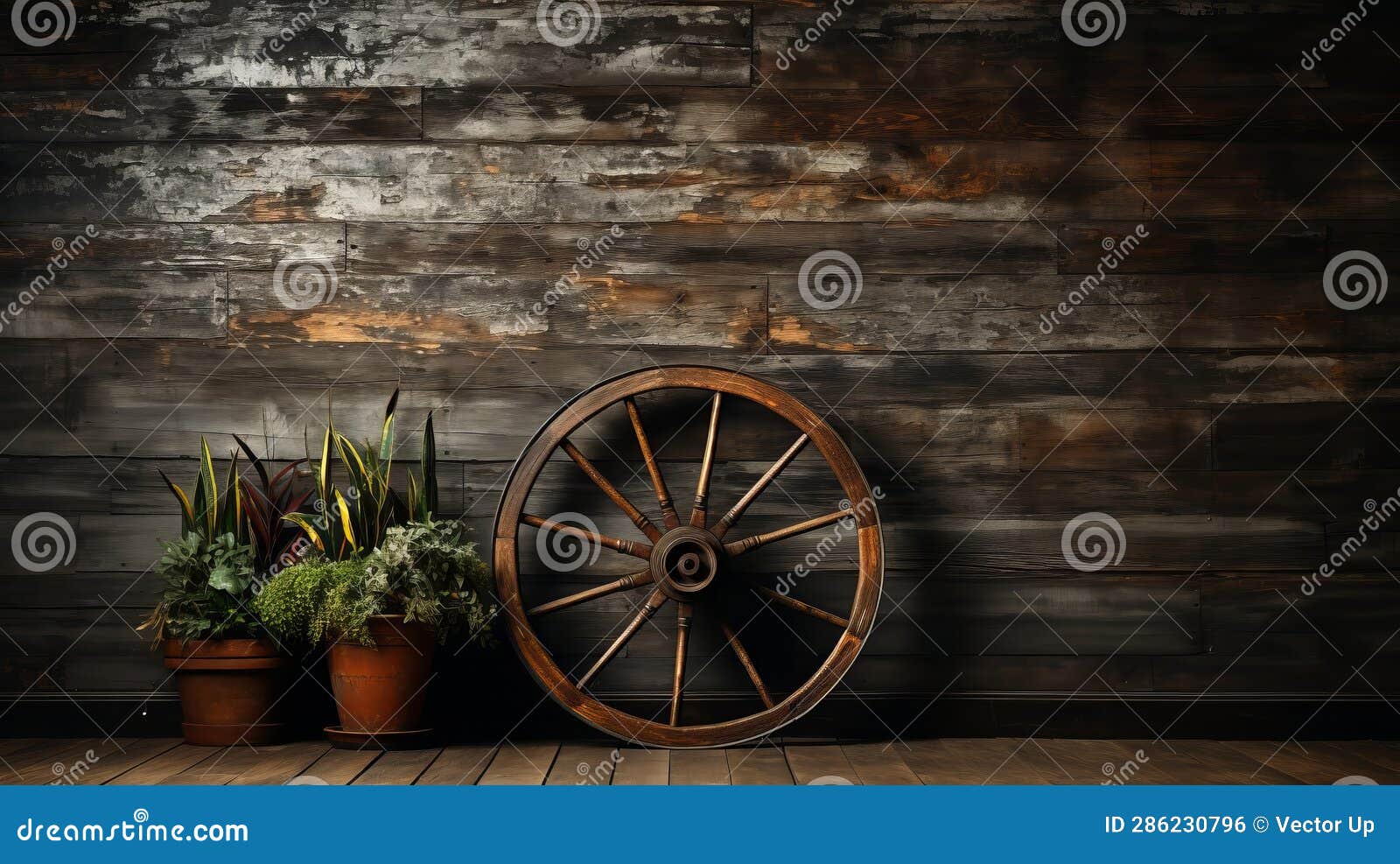 A Rusty Metal Wheel on a Wooden Wall. Generative AI. Stock Photo ...
