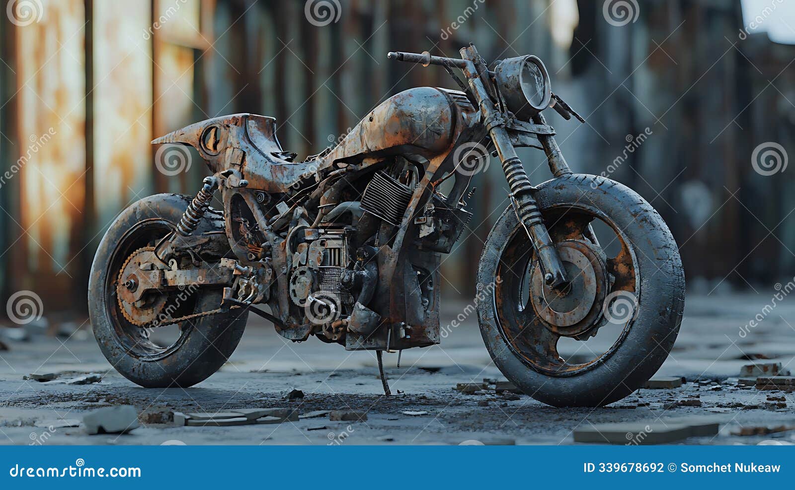 Rusty Motorcycle Parked in a Post-apocalyptic Setting Stock ...