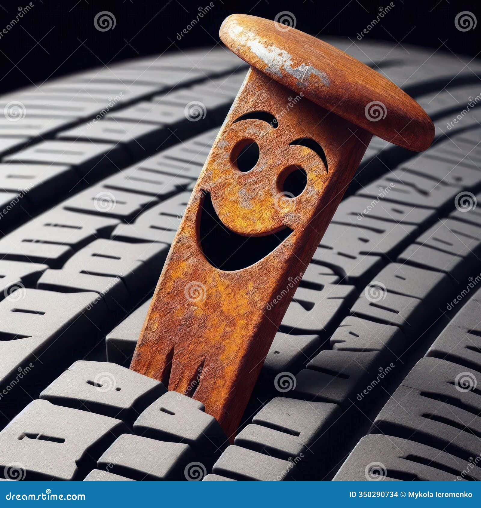 A Rusty Nail is Smiling in a Car Tire. Stock Photo - Image of happy ...