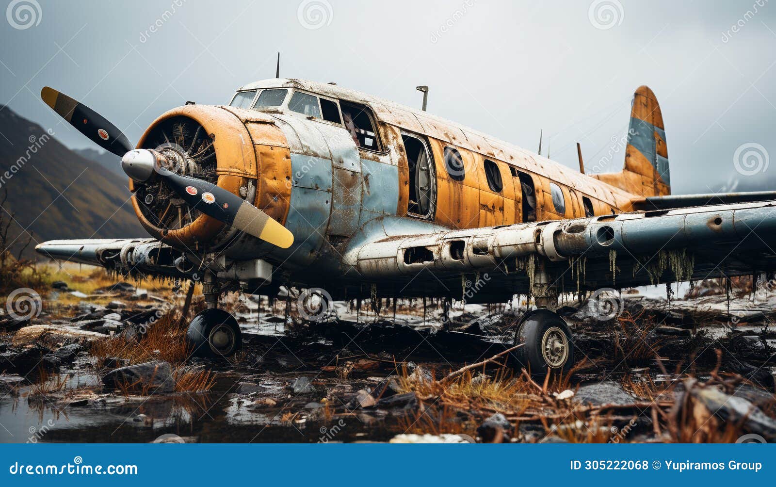 Rusty Old Airplane, Abandoned in Nature, a Broken Propeller Generated ...