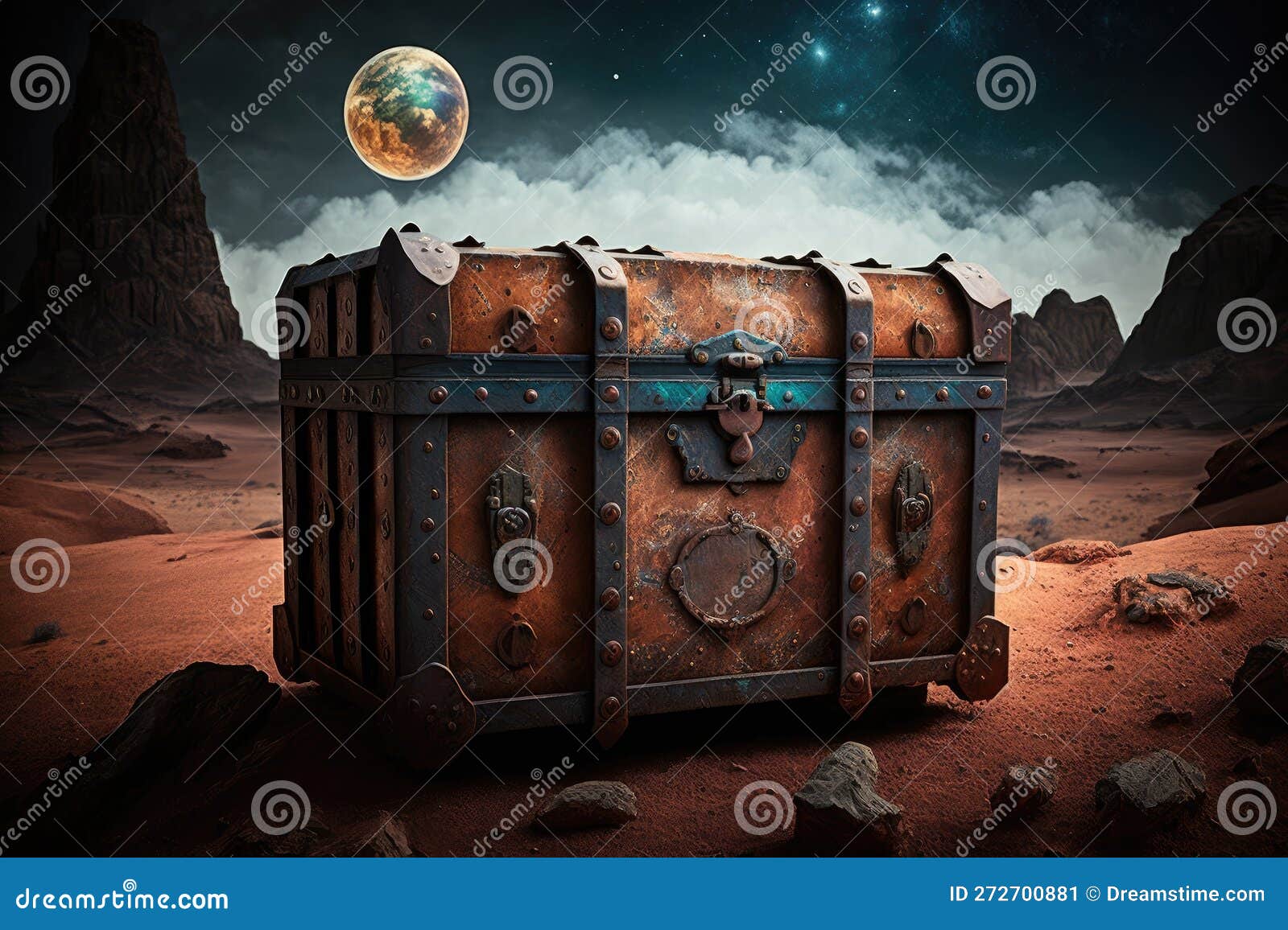 Rusty Old Chest with Buttons on Background of Lunar Landscape Stock ...