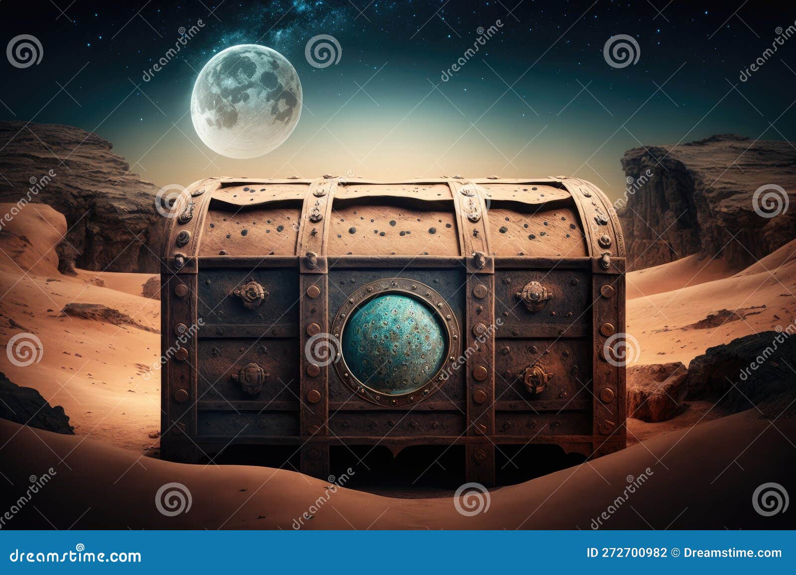 Rusty Old Chest With Buttons On Background Of Lunar Landscape Royalty ...