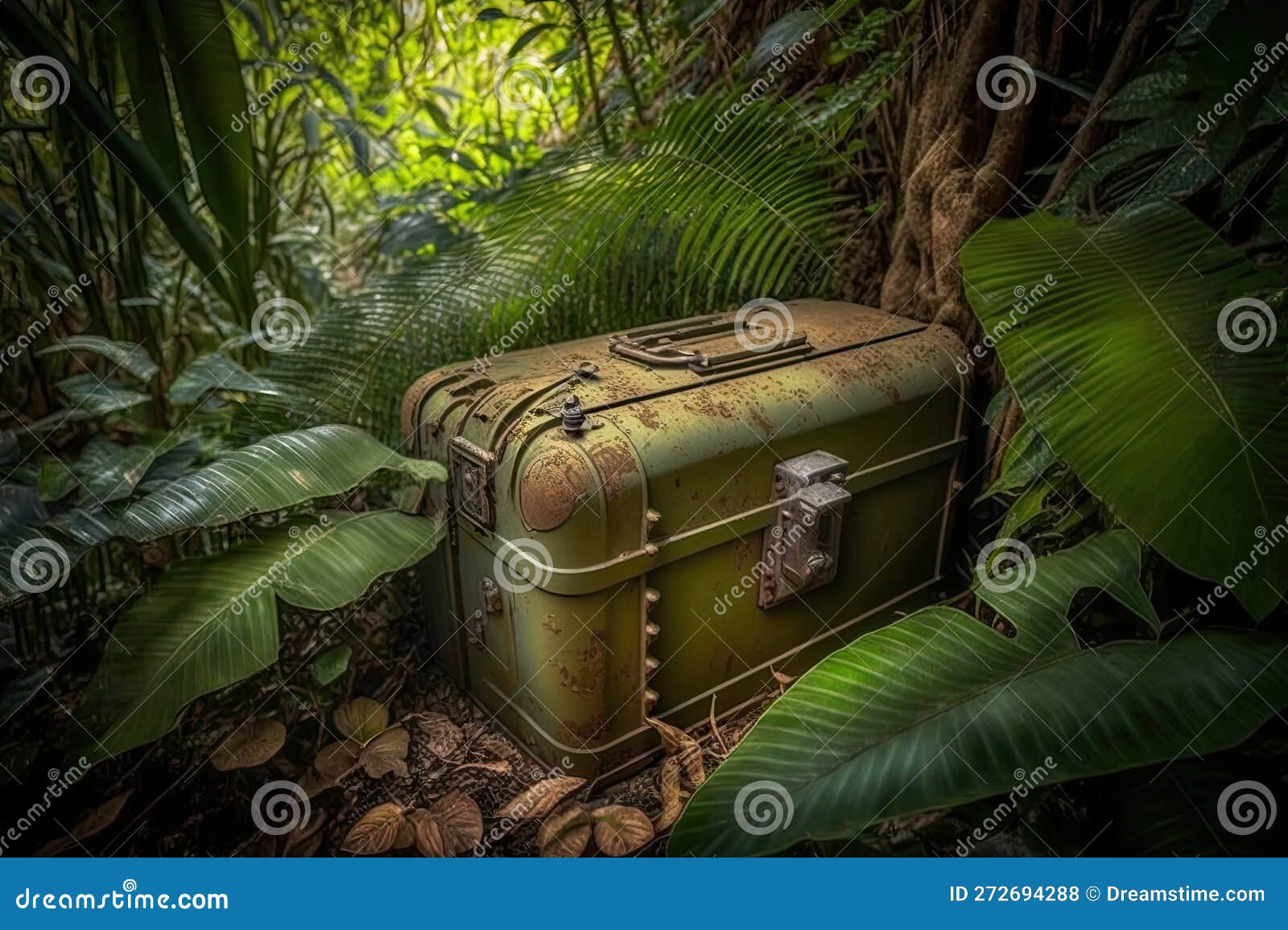 Rusty Old Chest in the Jungle among Plants and Trees Stock Illustration ...
