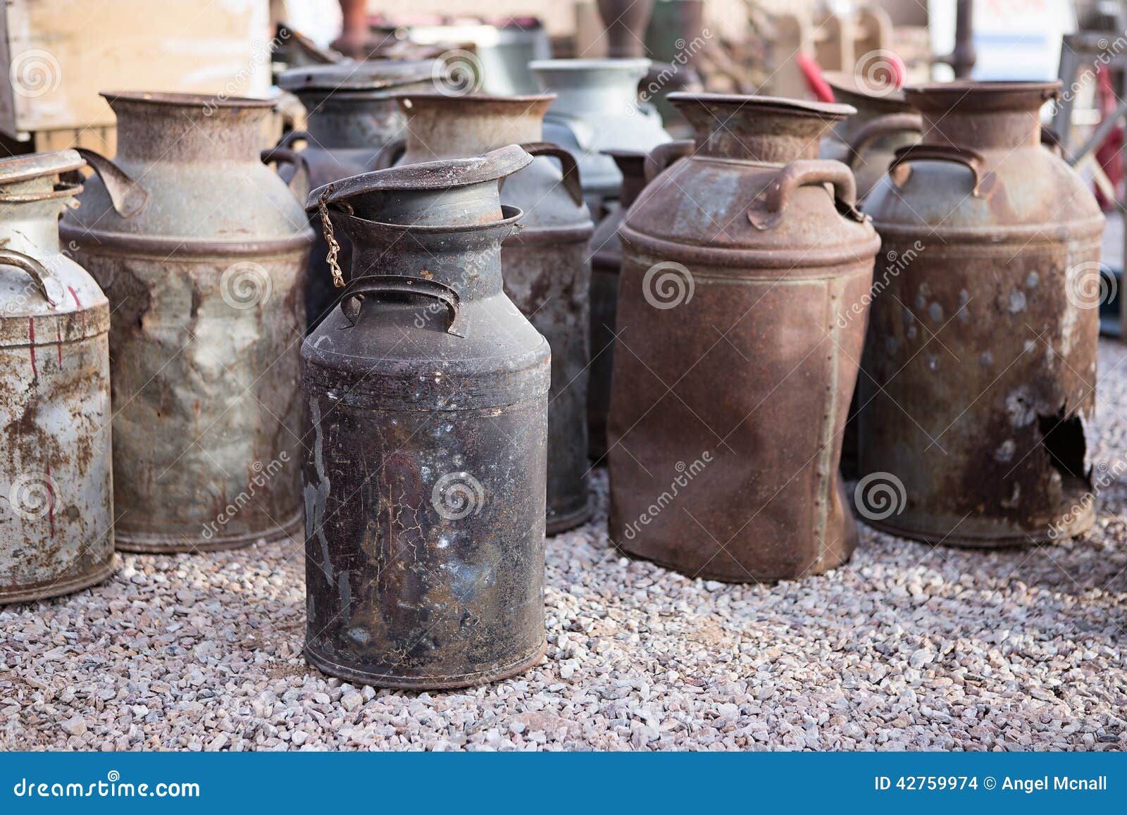 Rusty Old Milk Cans at a Flea Market Stock Photo - Image of cans, swap ...