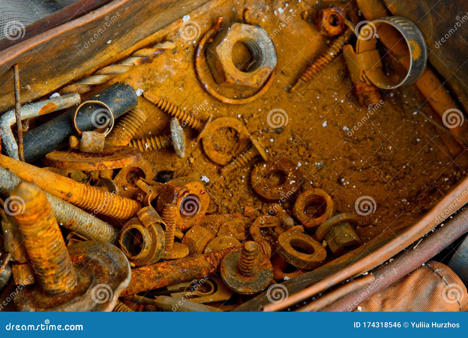 Rusty Old Nuts and Bolts in a Rustic Wooden Box on a Workbench ...