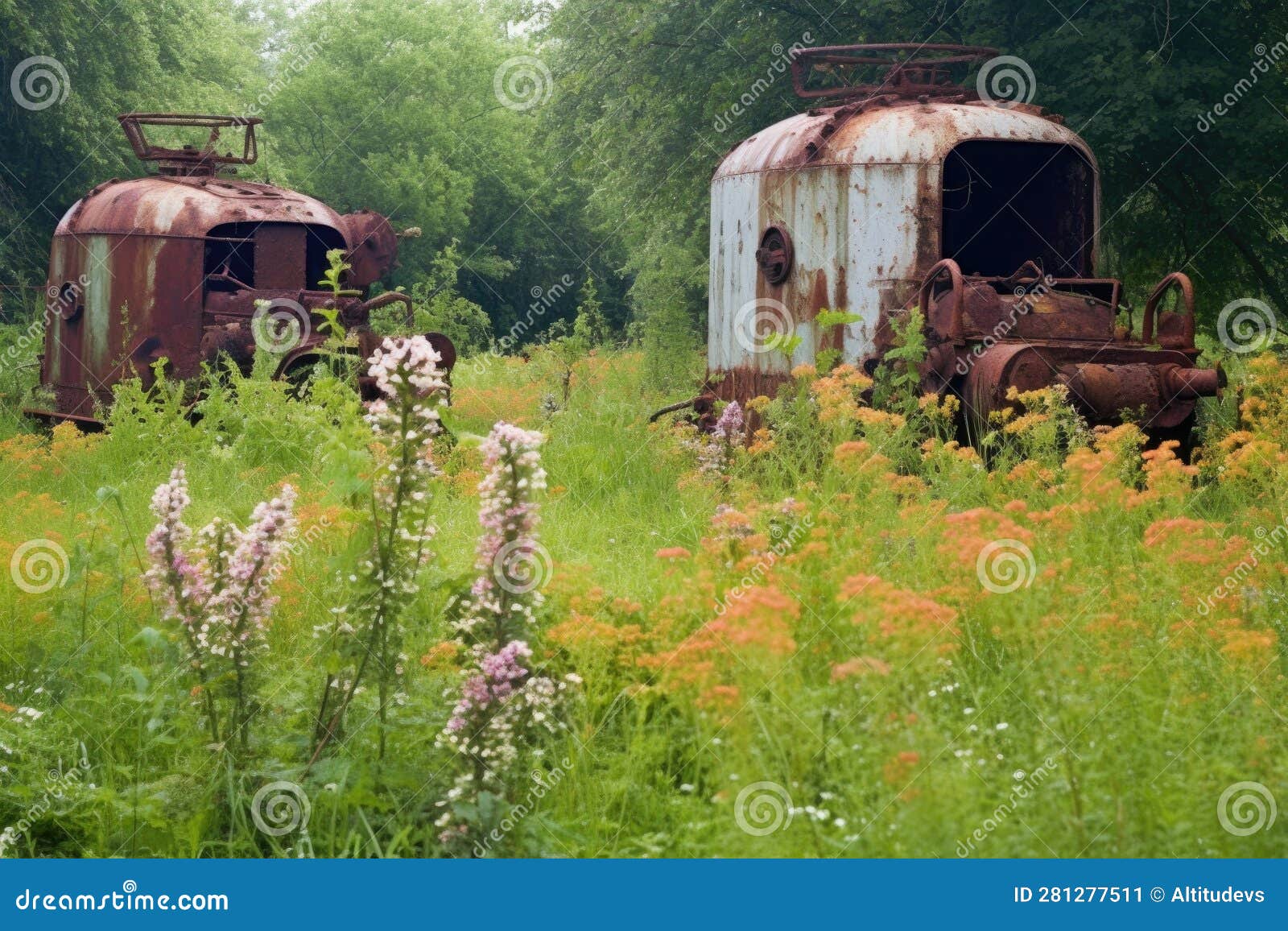 Rusty Old Tanks in Overgrown Field Stock Illustration - Illustration of ...