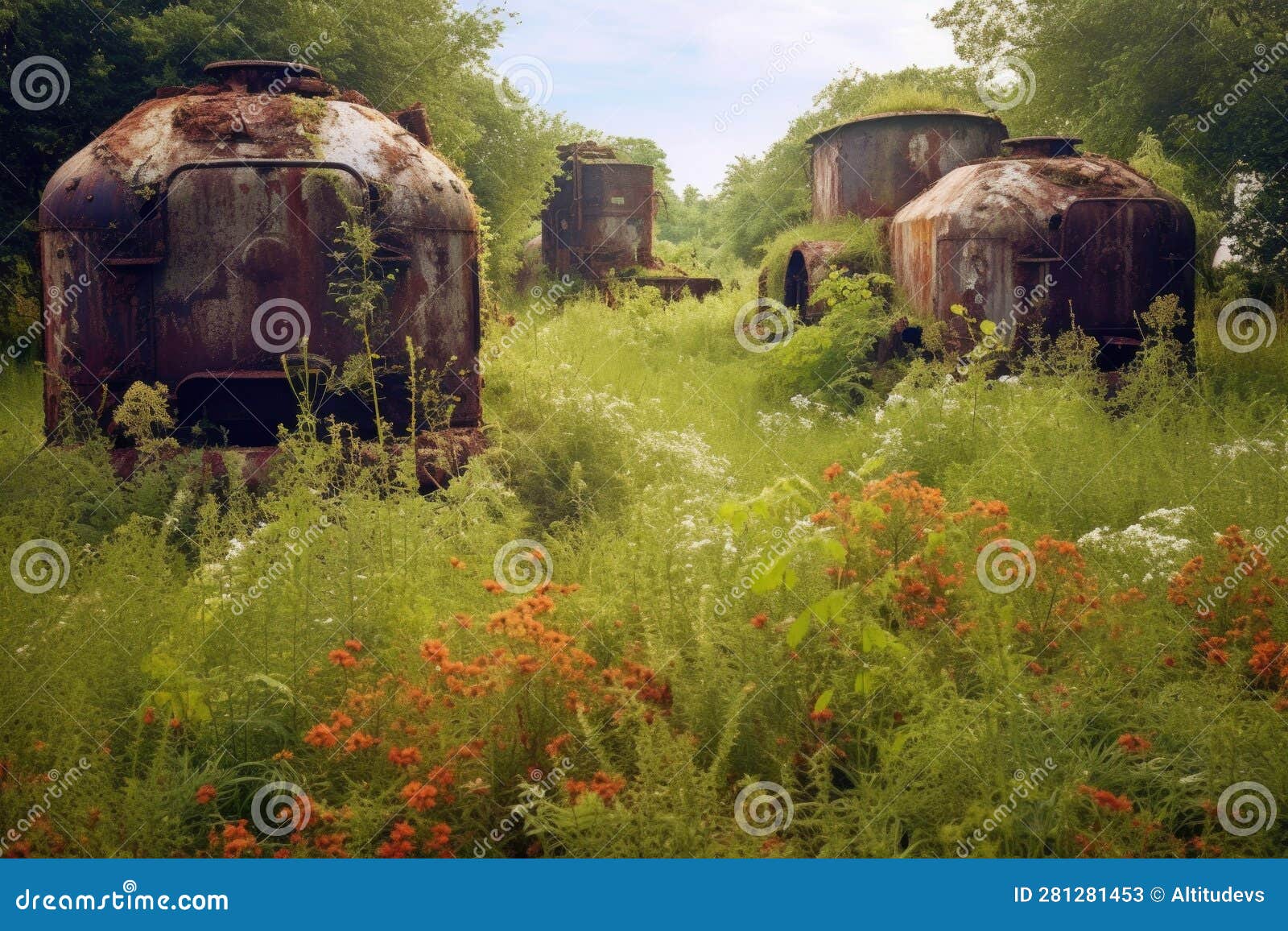 Rusty Old Tanks in Overgrown Field Stock Illustration - Illustration of ...