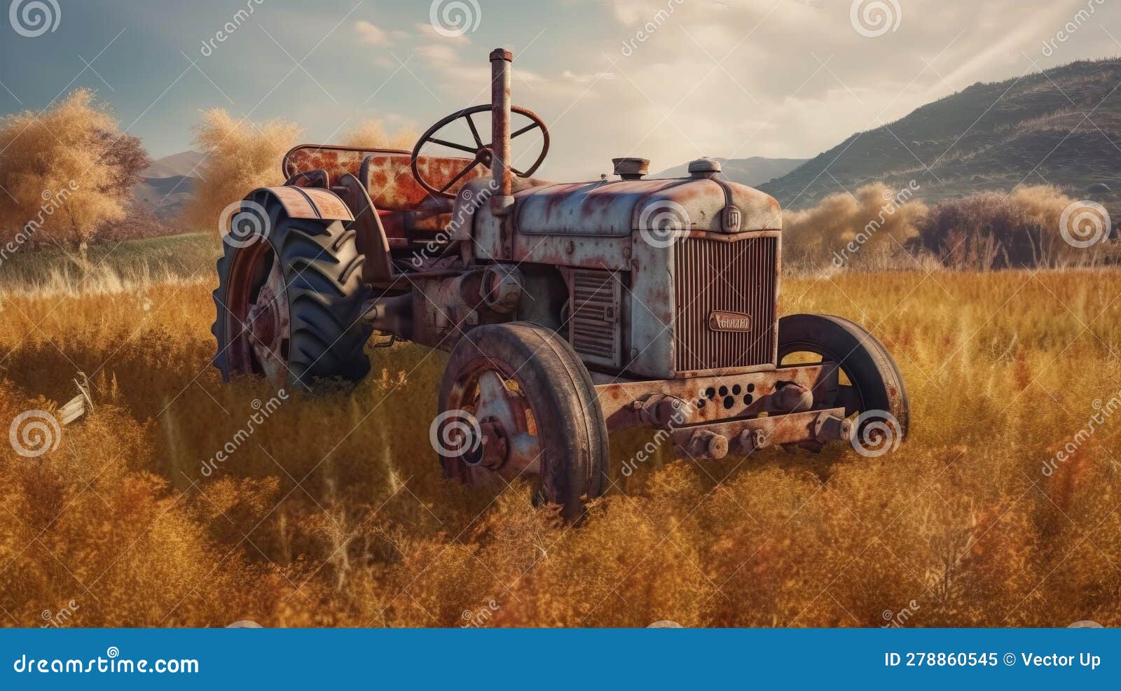 Rusty Old Tractor on the Field. Generative AI Stock Illustration - Illustration of country ...
