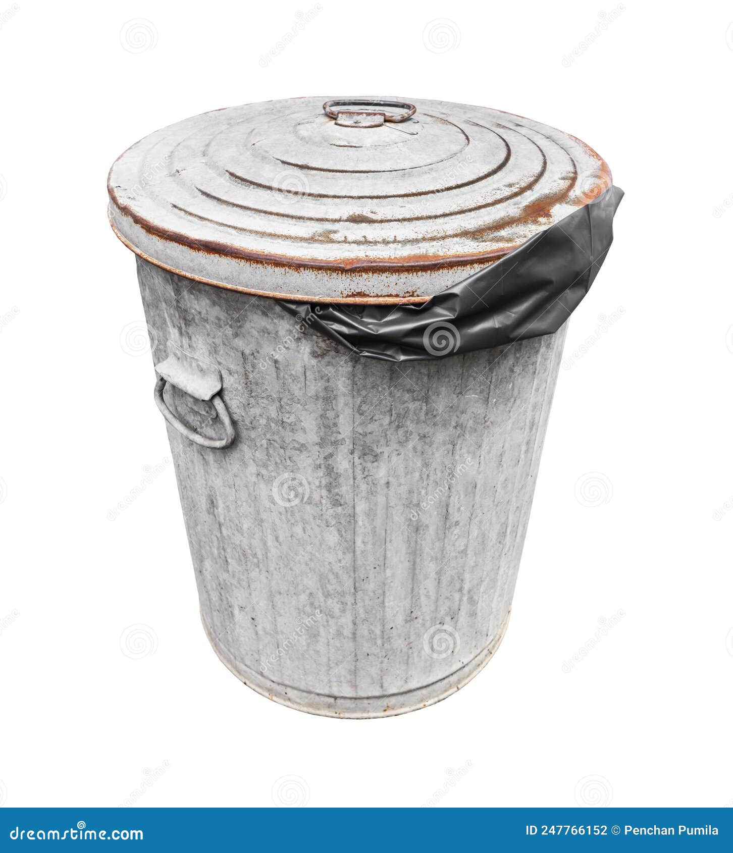 Rusty Old Trash with Black Plastic Bag Can Isolated on White with a ...