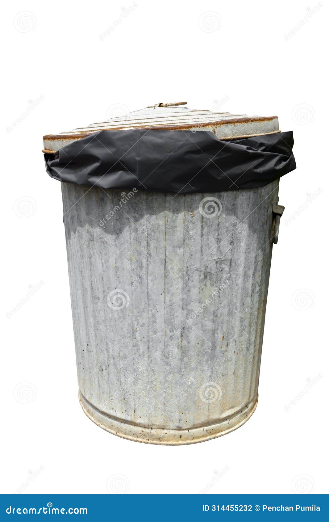 Rusty Old Trash with Black Plastic Bag Can Isolated on White Stock ...