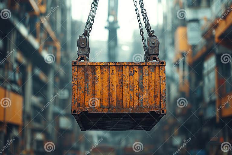 A Rusty Orange Shipping Container Hangs from a Crane Chain at a ...