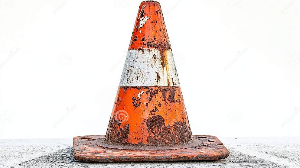 Rusty Orange Traffic Cone with White Band on Light Grey Surface Stock ...