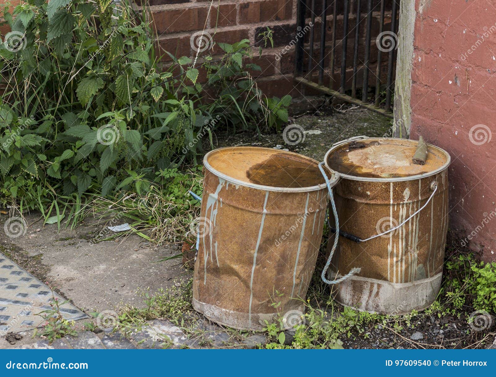 Rusty Paint cans stock photo. Image of paint, overgrown - 97609540