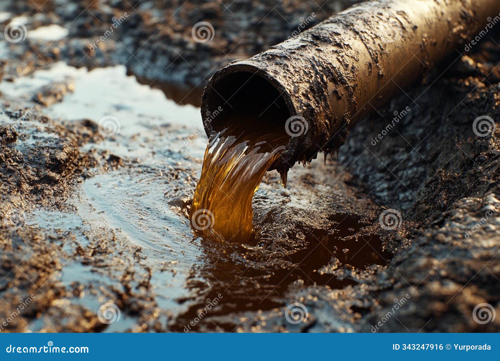 Contaminated Water Flowing from a Rusty Pipe into a Muddy Puddle ...