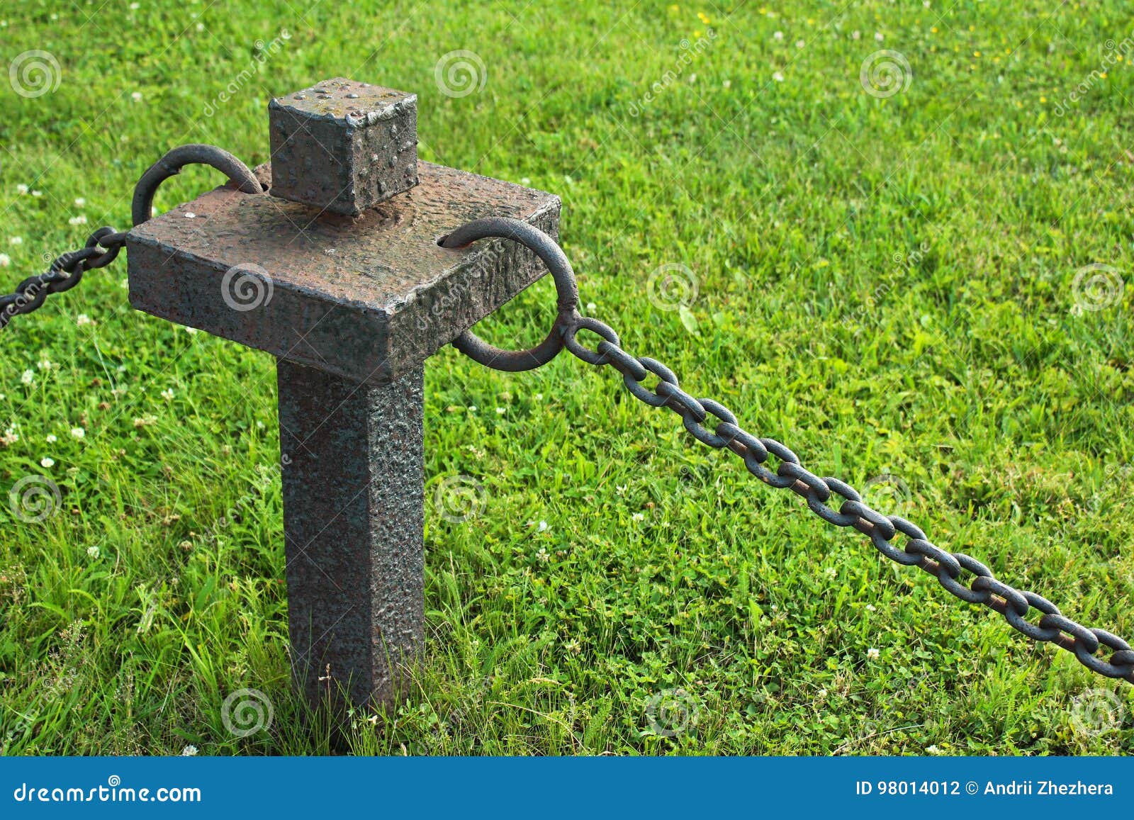 Rusty Post of Decorative Metal Fence with Chain on Green Grass Stock ...