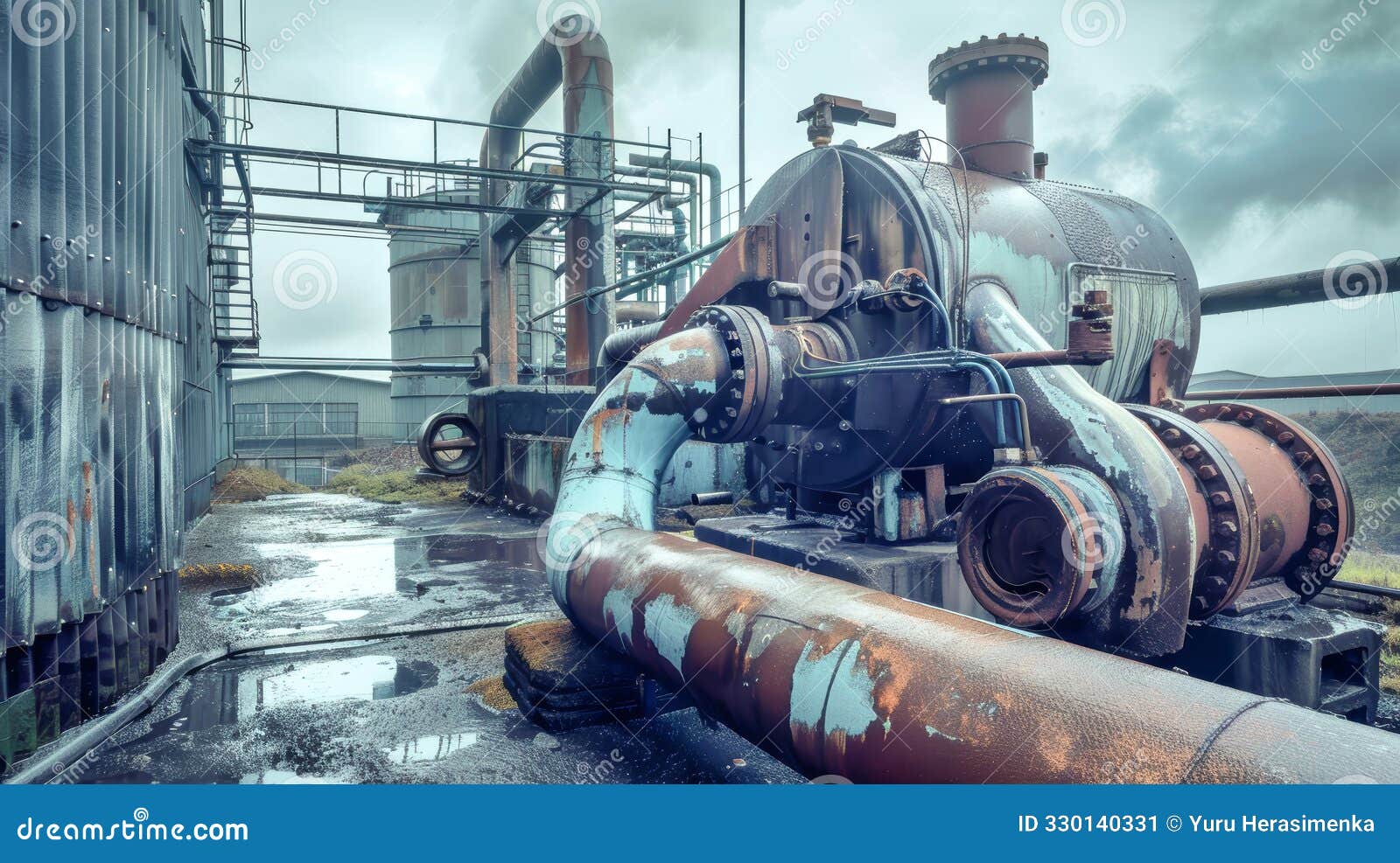 A Rusty Pumping Station Showcases Large Pipes and a Steam Engine, with ...