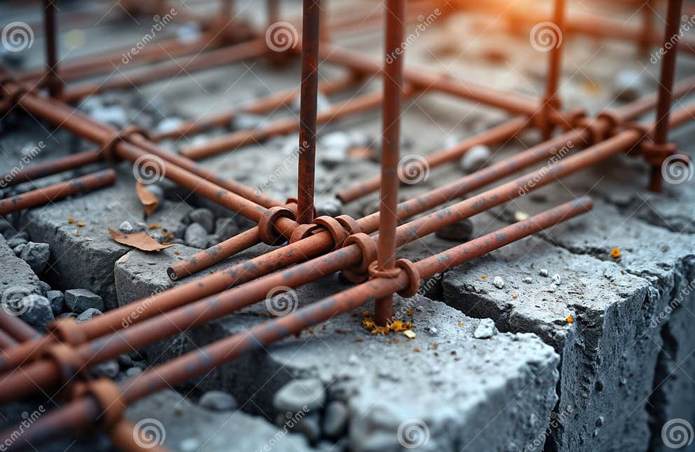Rusty Rebar Grid Reinforcing Concrete Foundation. Close Up of ...