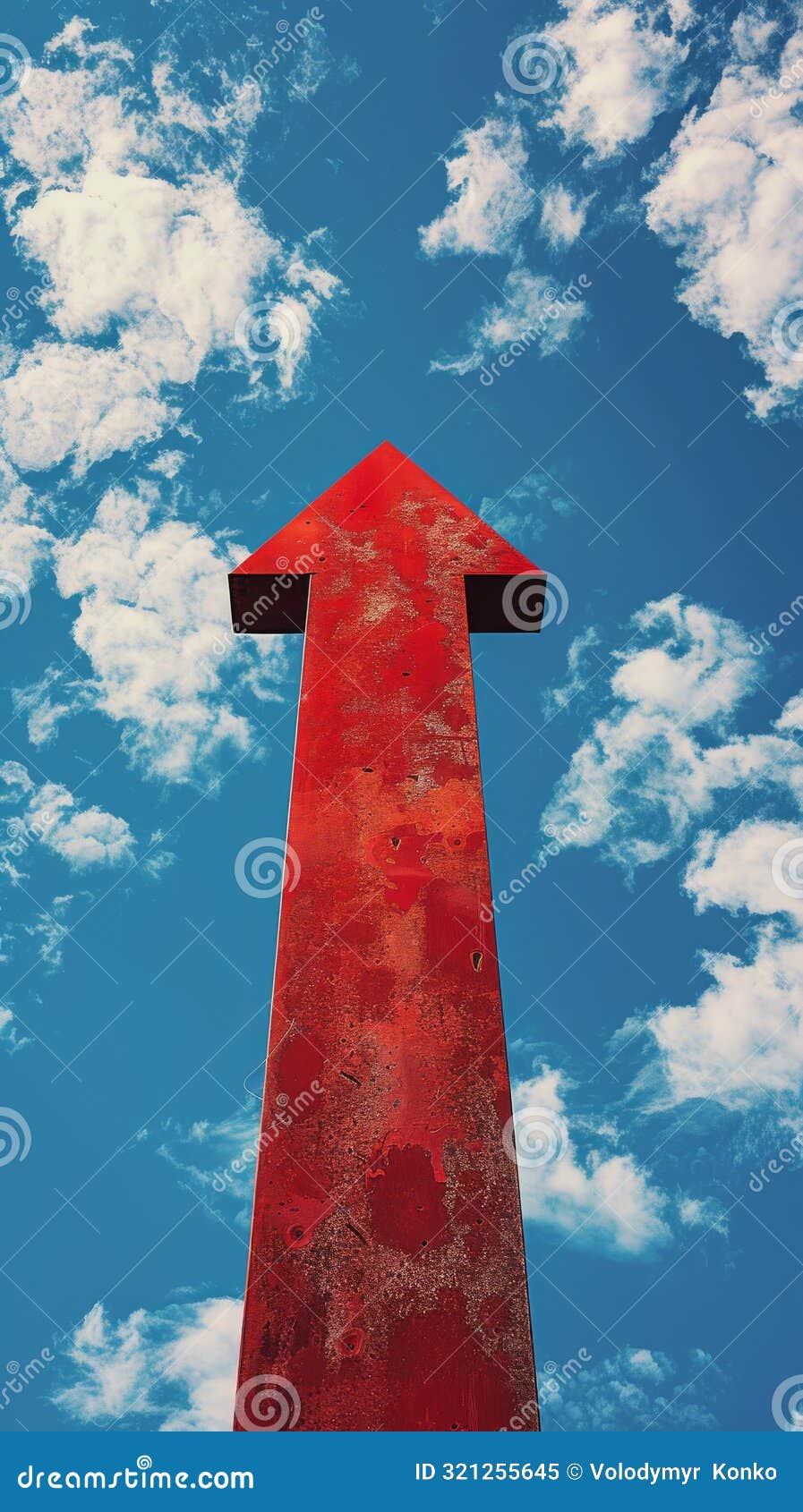 Rusty Red Arrow Pointing Upwards with Cloudy Blue Sky, Directional ...