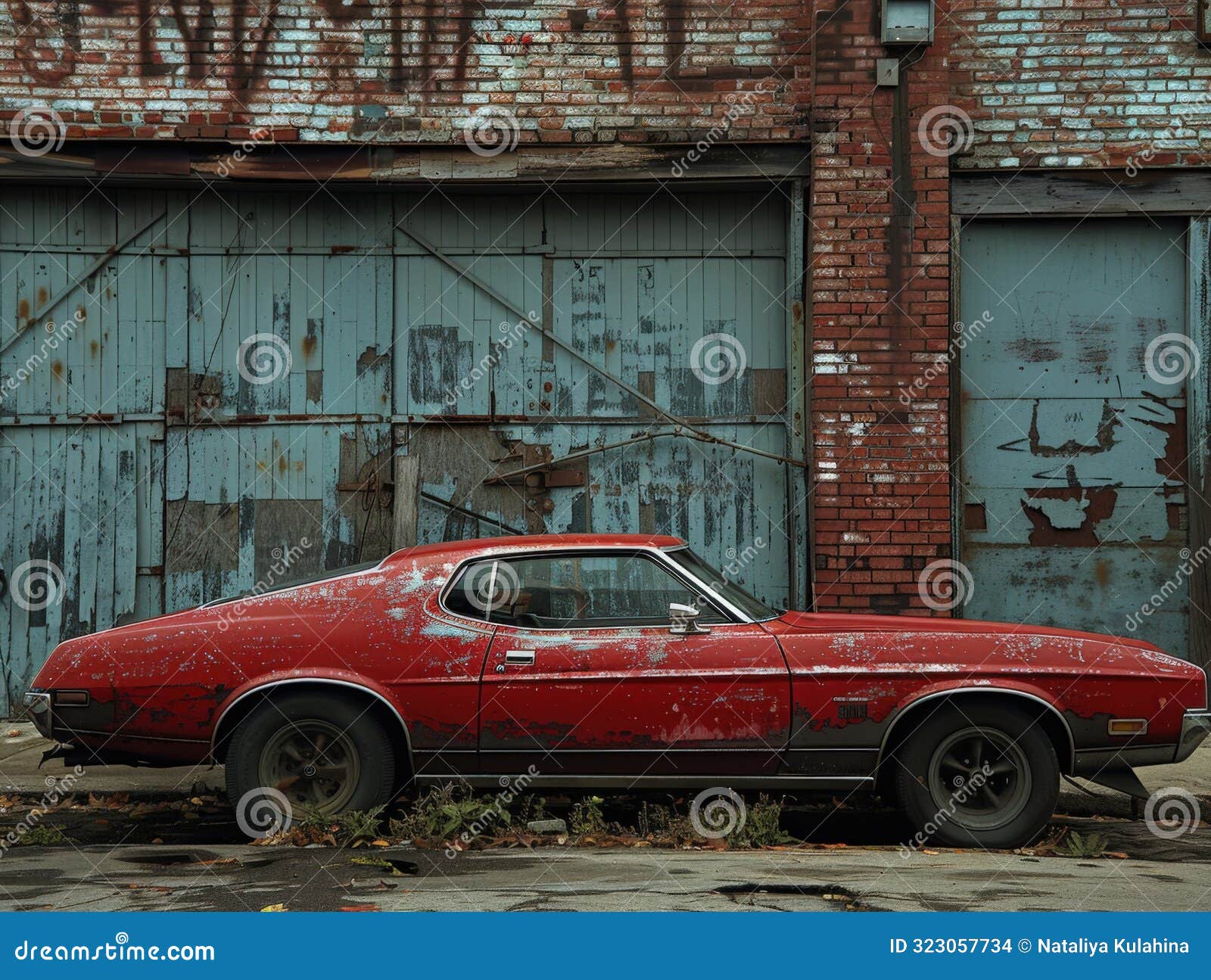 Rusty Red Car Parked in Front of an Old Brick Building Stock Photo ...