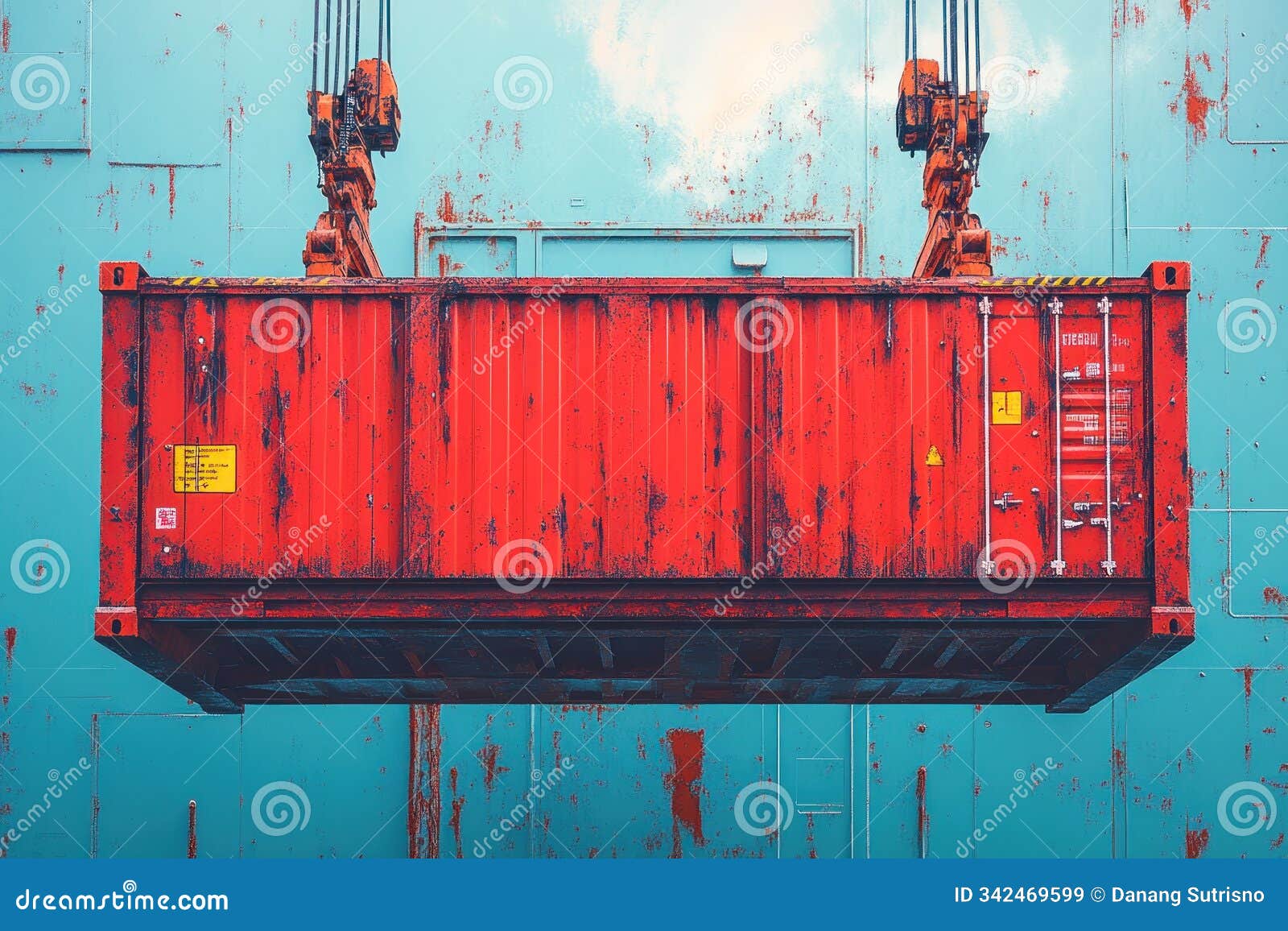 A Rusty Red Shipping Container Hangs Suspended by Crane Hooks Against a ...