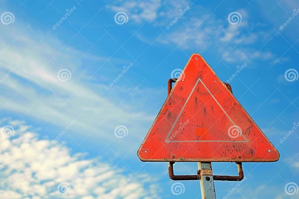 Rusty Red Warning Triangle Sign Under Blue Sky with Clouds Stock ...