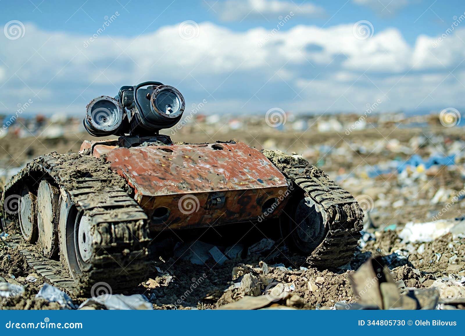 Rusty Robot Exploring Garbage Dump Environmental Disaster Stock Photo ...