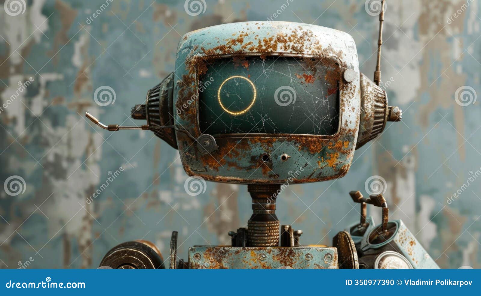 A Rusty Robot with a Green Screen on Its Head. Ideal for Technology and ...