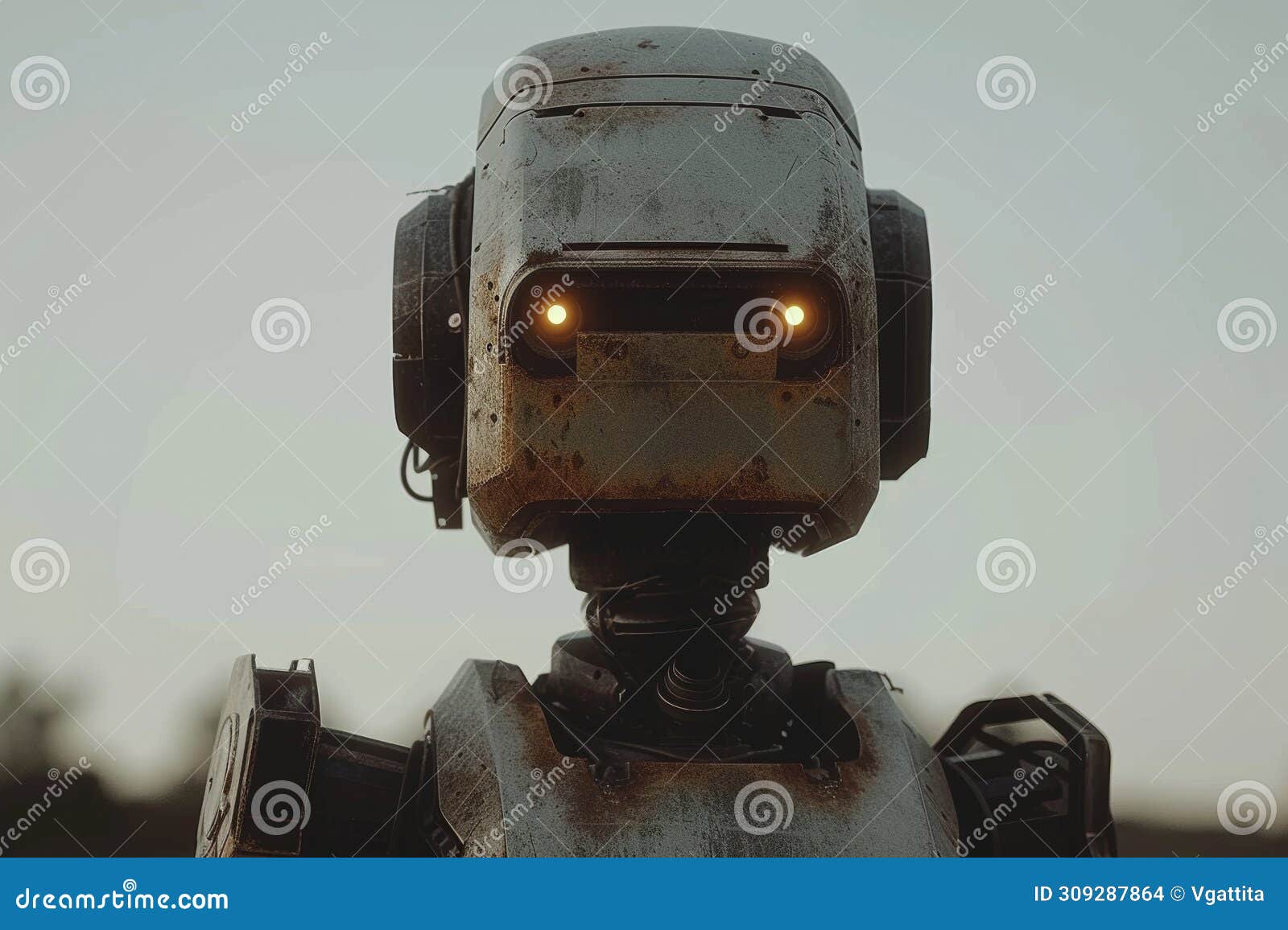 Rusty Robot Head with Glowing Eyes Against a Faded Background Stock ...