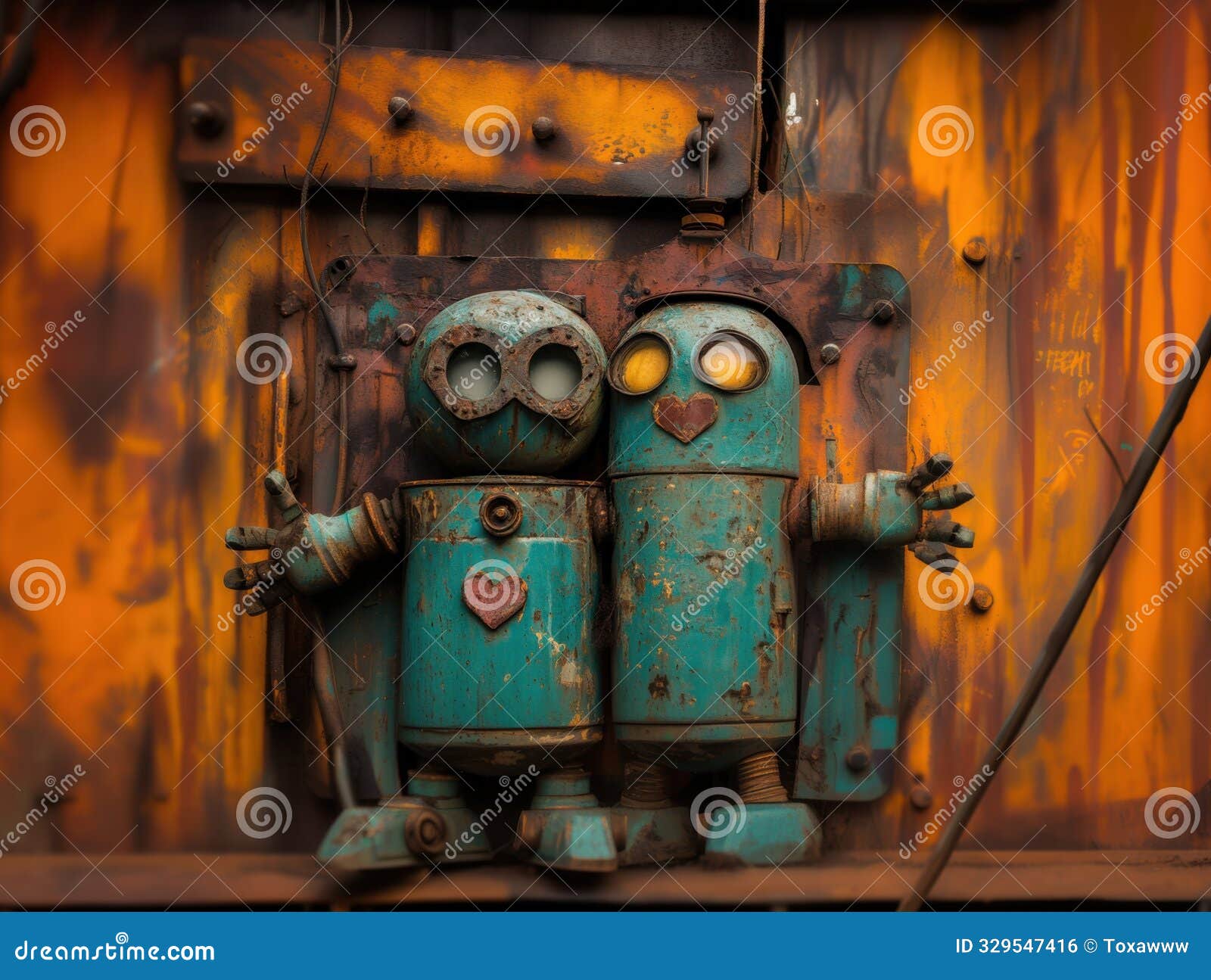 Rusty Robots with Heart Emblems on Distressed Metal Background Stock ...
