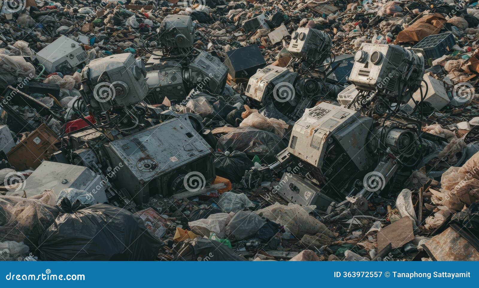 Rusty Robots In A Landfill Decaying Robots Amidst Piles Of Trash ...