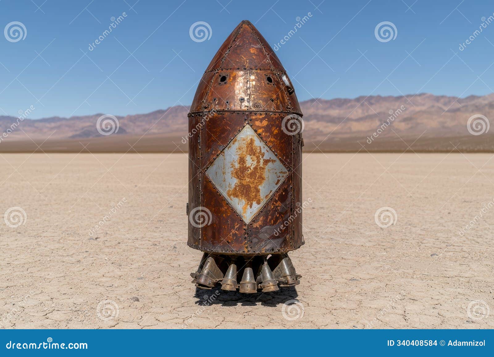 Rusty Rocket-shaped Art Installation in Desert Landscape Stock ...