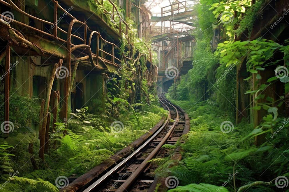 Rusty Roller Coaster Tracks Overgrown with Plants Stock Illustration ...
