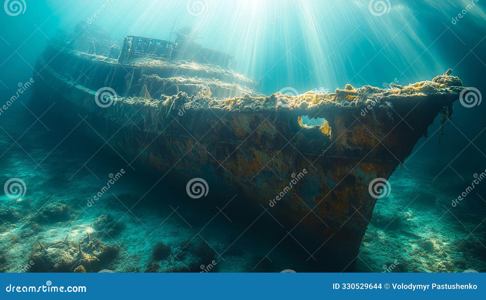 A Rusty Shipwreck in the Ocean with Sunlight Shining through the Water ...
