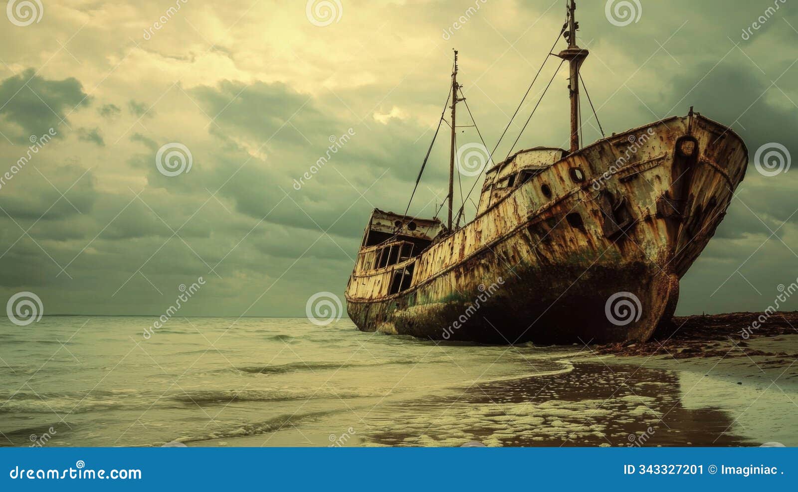 Rusty Shipwreck on a Sandy Beach Under a Cloudy Sky Stock Illustration ...