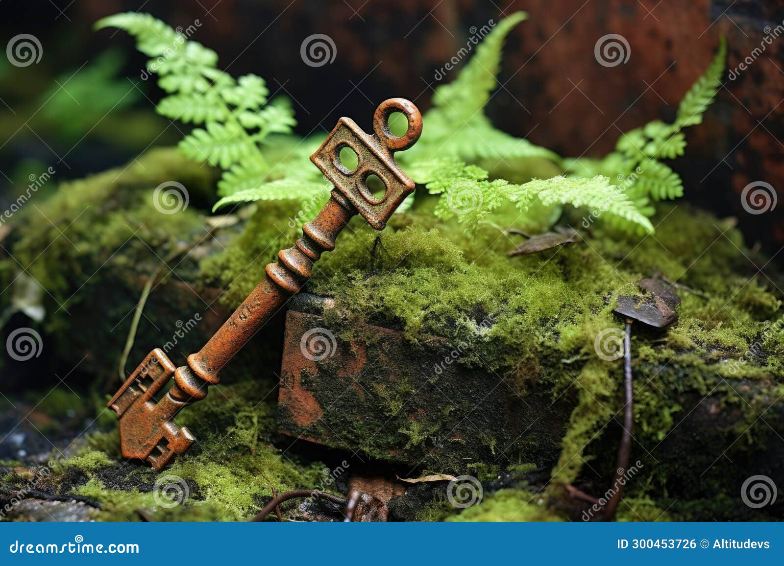 Rusty Skeleton Key on a Stack of Old, Mossy Bricks in a Garden Setting ...