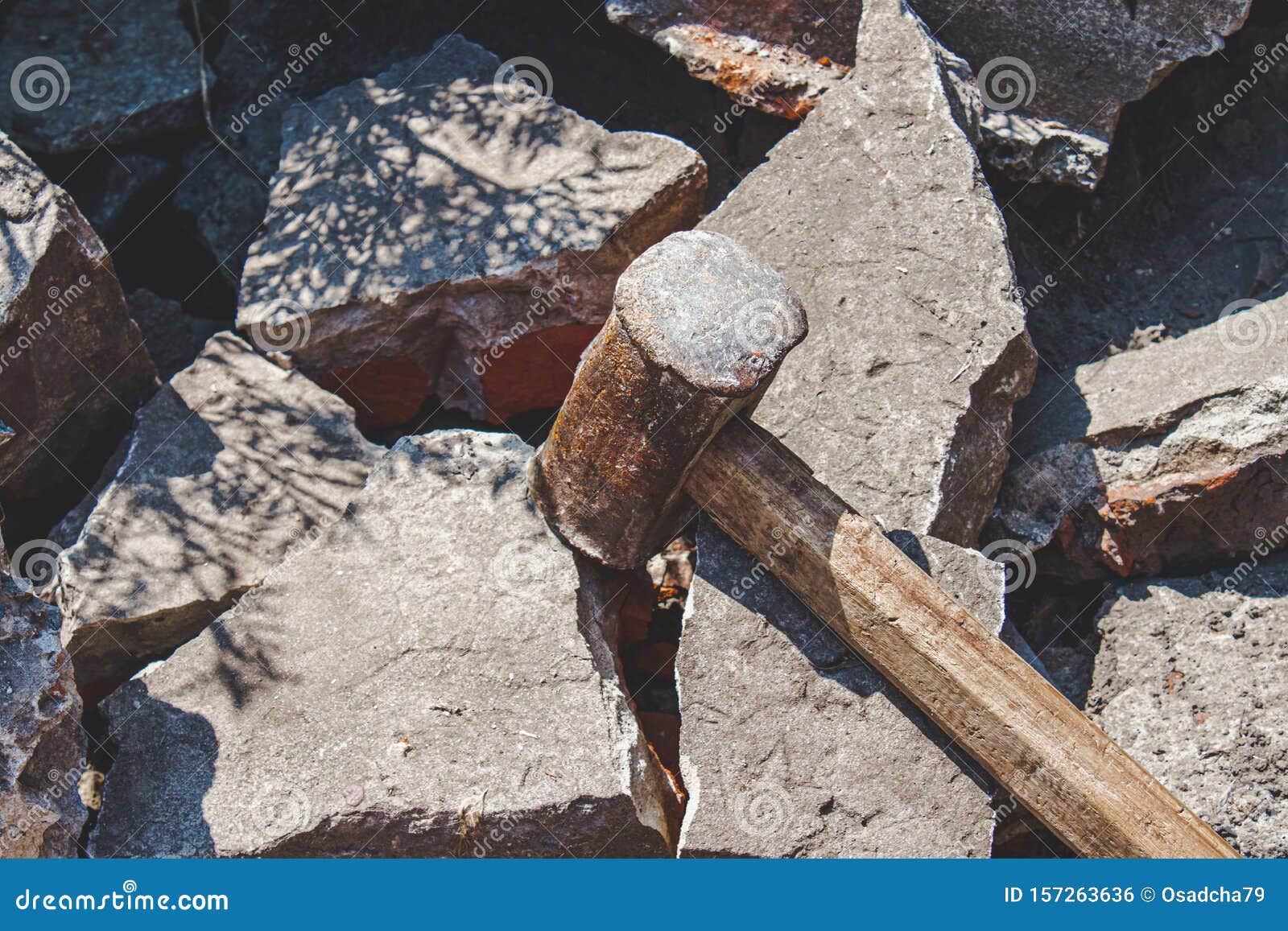 Rusty Sledgehammer on Broken Bricks and Concrete Stones Stock Photo ...