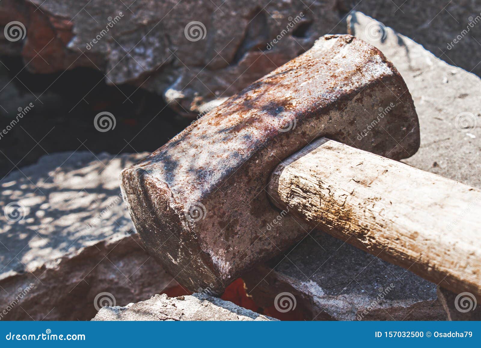 Rusty Sledgehammer on Broken Bricks and Concrete Stones Stock Photo ...
