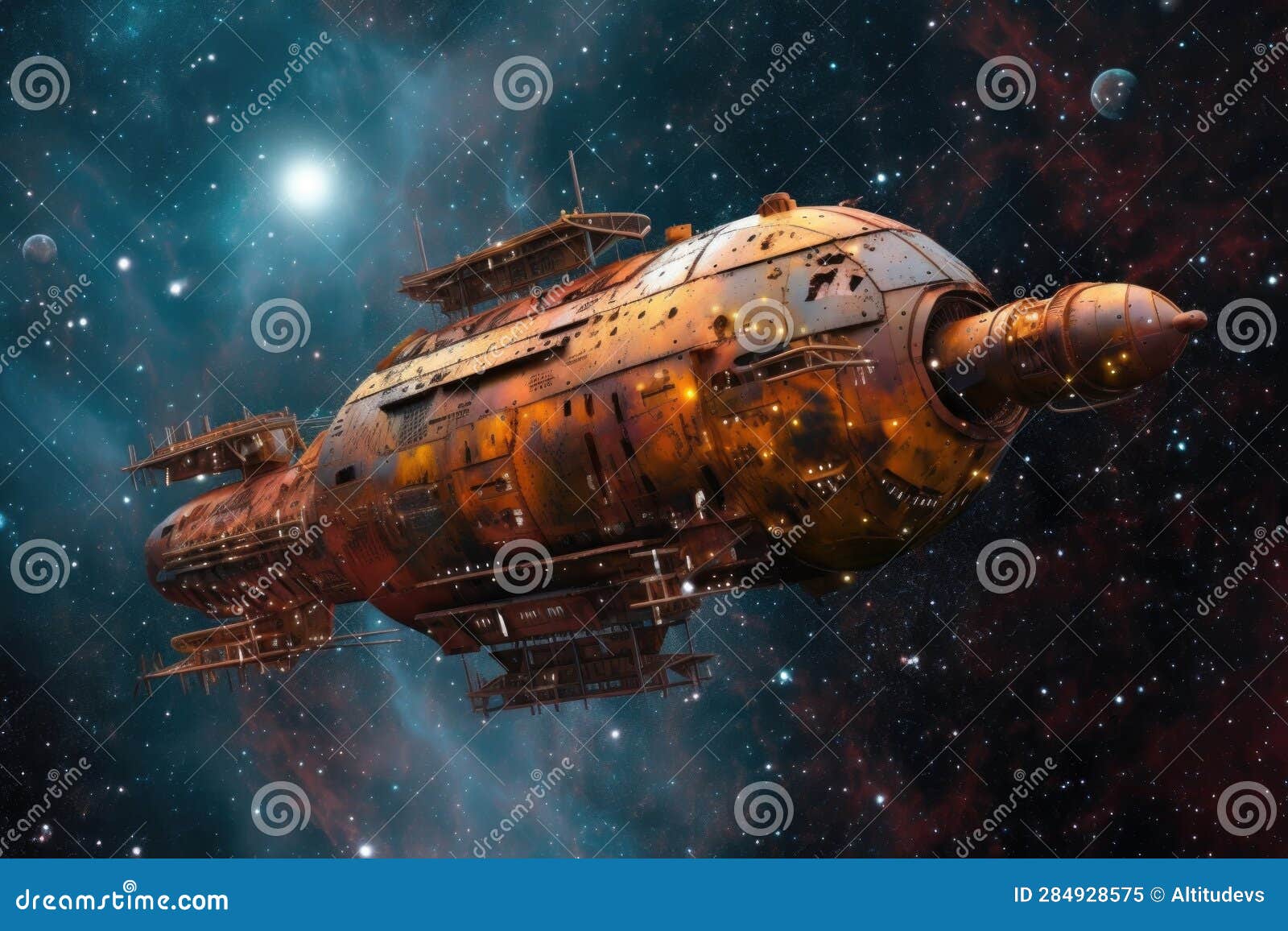 Rusty Spacecraft Floating Against Starry Backdrop Stock Image - Image ...