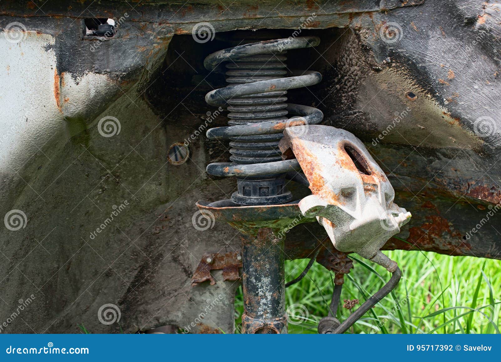 Rusty spring abandoned car stock photo. Image of motor - 95717392