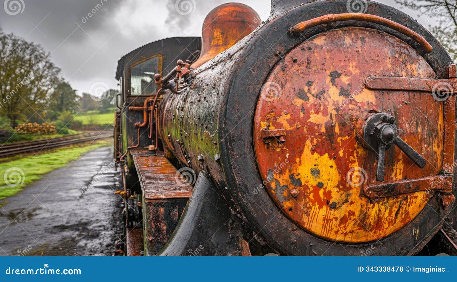 Rusty Steam Locomotive Close-up in a Rainy Setting Stock Illustration ...