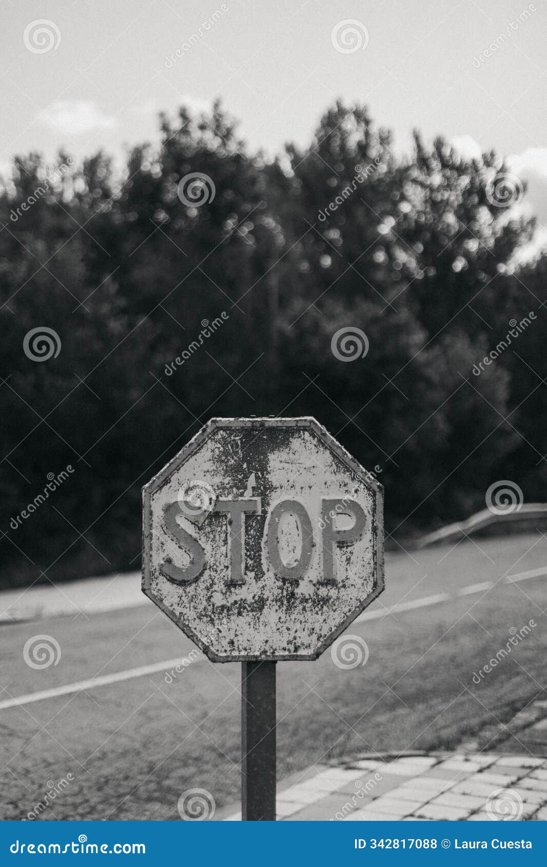Rusty Stop Sign on the Road in Black and White Stock Photo - Image of ...