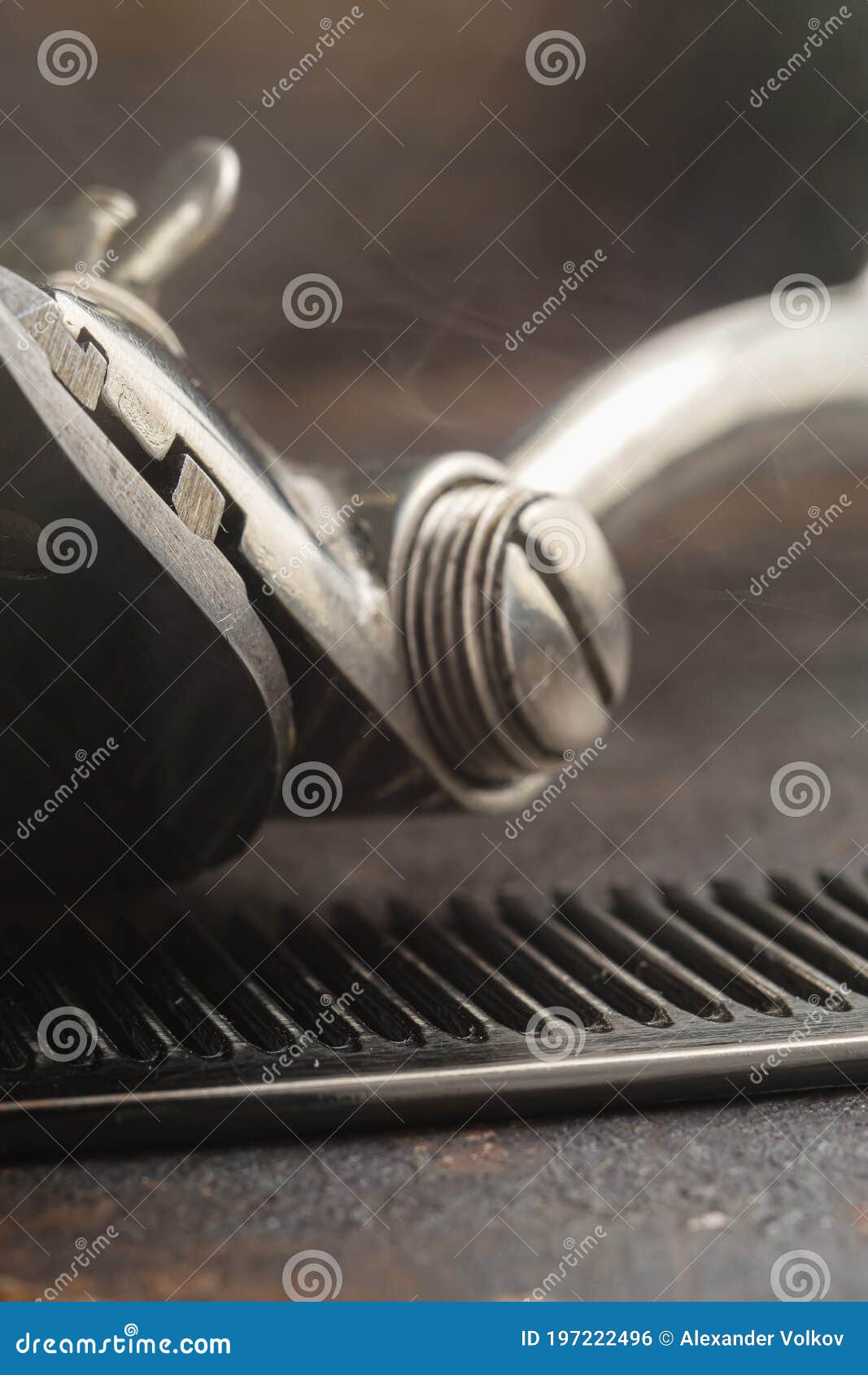 On a Rusty Surface Manual Clipper and Comb. Close Up. Rustic Stock ...