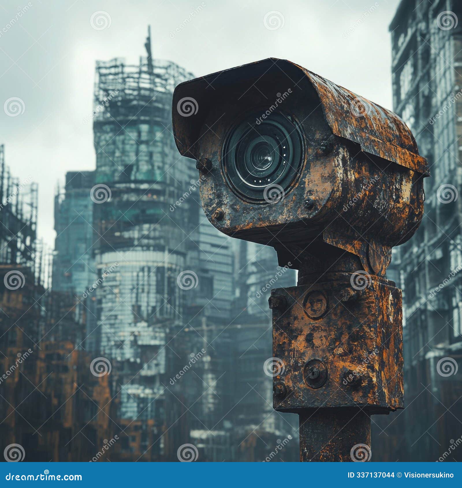 Rusty Surveillance Camera in a Post-Apocalyptic Cityscape Stock ...