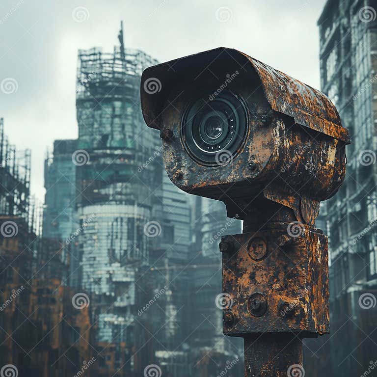 Rusty Surveillance Camera in a Post-Apocalyptic Cityscape Stock ...